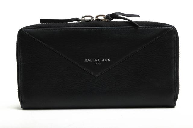 ○バレンシアガ BALENCIAGA フルグレインカーフスキン 牛革 長財布 381226 DLQ0N 1000 Paper Continental Round Zipper Long Walle 中古