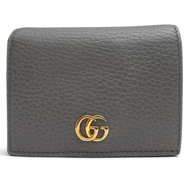 ○グッチ GUCCI ソフトカーフスキン 牛革 財布 456126 Leather Card Case Wallet GGマーモント金具 小銭入れあり 二つ折り ユニセ  中古