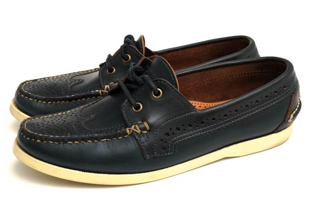 ○トム ブラウン Thom Browne 2013SS 牛革 デッキシューズ WINGTIP DECK SHOE IN NAVY CALF ウイングチップ スリッポン メンズ 【  中古