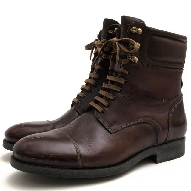 ○サントーニ Santoni Shabby Chic シャビーシック 牛革 カーフ ワークブーツ SA21058 ラグソール ヴィンテージ加工 ミリタリー メ 中古