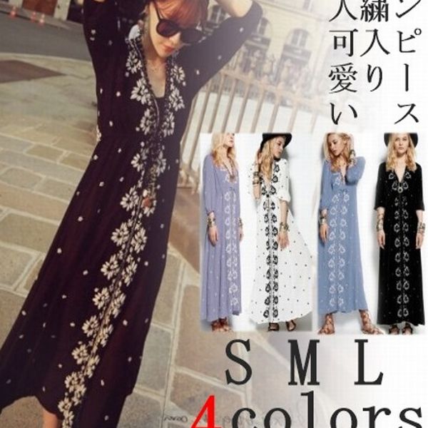 ロングワンピース刺繍ワンピースマキシ丈ワンピースマキシボヘミアンドレスワンピースレディースファッション ワンピース