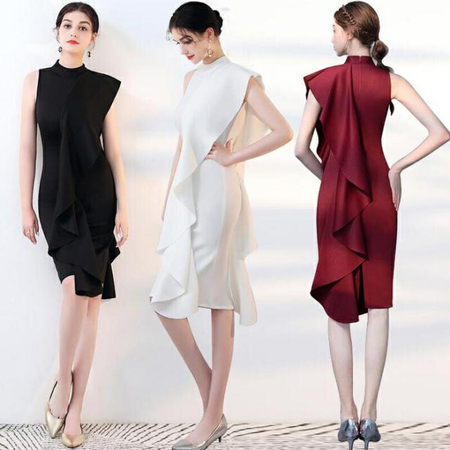 パーティドレス ワンピース ワンショルダー フリル 春 夏 秋 冬 ロングドレス オフショルダー シンプル セクシー 結婚式 二次会 ノースリーブ フィット タイト ドレープ スタンドカラー ハ 無地