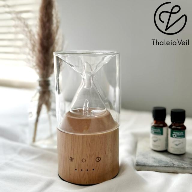 ThaleiaVeil アワーグラスディフューザー アロマディフューザー （ 水なし 噴霧式 天然木 ガラス製 アロマドロップ式 LED ゆらぎ タイマー機能 ダブルウォールガラス LEDライト おしゃれ インテリア USB Type-C ）