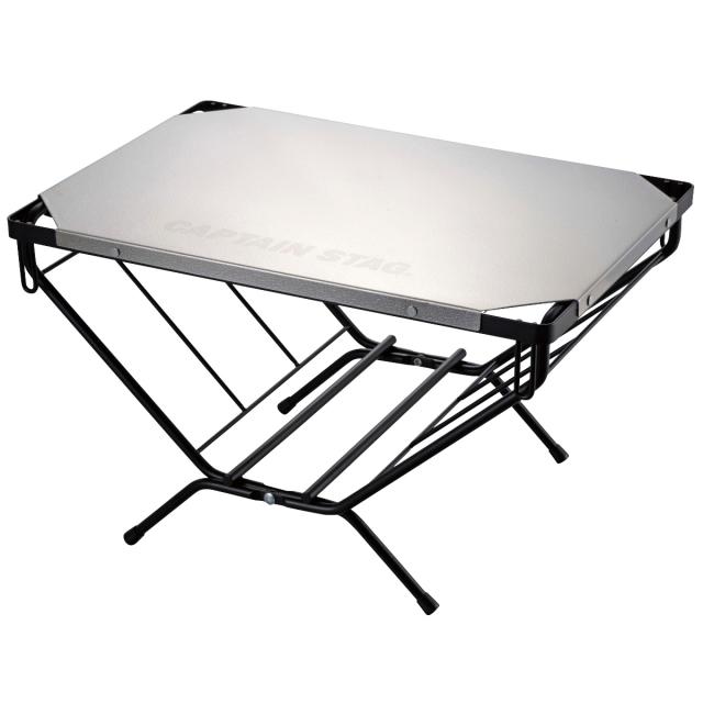 アウトドアテーブル 折りたたみ ステンレス薪ラックテーブル キャプテンスタッグ （ CAPTAIN STAG テーブル 幅44×奥行30×高さ26cm 薪スタンド 薪ラック 薪台 ステンレス ローテーブル 収納袋付き コンパクト アウトドア ）