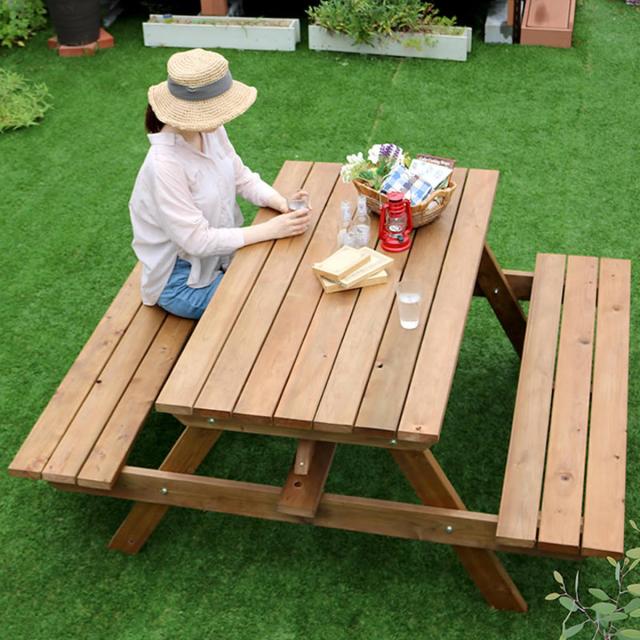 ガーデンテーブル 日本製ひのきピクニックテーブル 幅150cm 防腐加工 ブラウン （ テーブル ガーデンチェア ガーデン 庭 木製 机 ベンチ テーブルセット ウッドテーブル ウッドベンチ 檜 日本製 ）