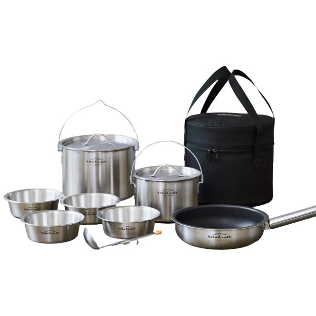 ビタクラフト アウトドア クッカー 9点入 ランドクッカーセット （ Vita Craft 9点セット IH対応 コッヘル 鍋 フライパン ボウル レードル 収納バッグ付き ガス火 アウトドア用品 レジャー コンパクト キッチン 調理器具 ）