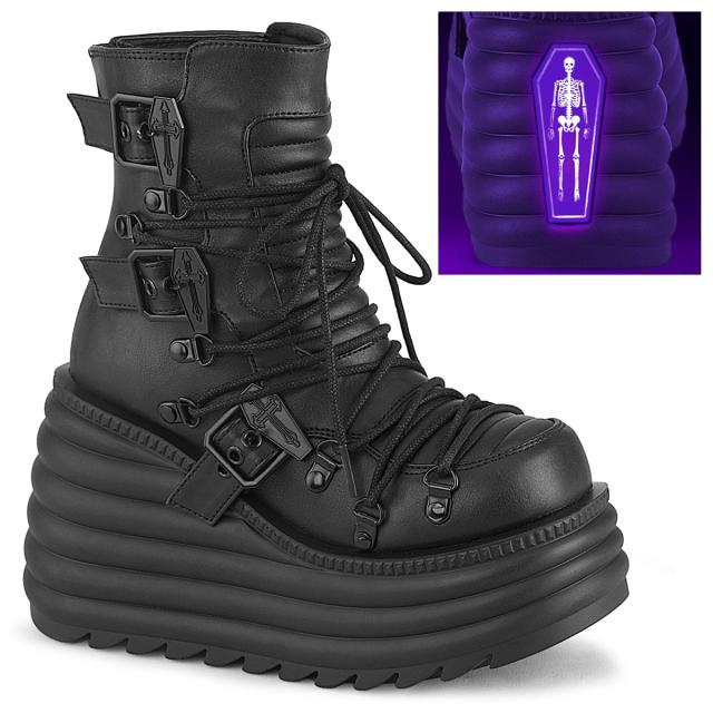 Demonia(デモニア) MORTE-68 ウェッジソール厚底アンクルブーツ 棺バックルストラップ Dリング バックZIP つや消し黒◆取り寄せ