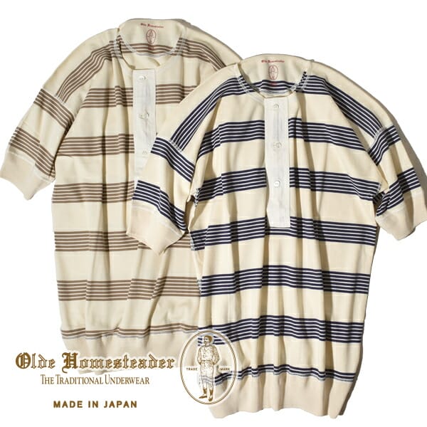 オールドホームステッダー Olde steader ヘンリーネック ショートスリーブ 半袖 Tシャツ メンズ レディース ボーダー S/S HENLEY NECK SHORT SLEEVE BORDER US002 インターロック フライス インナー カットソー ニット ギフト プレゼント 日本製