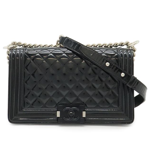 CHANEL シャネル ボーイシャネル マトラッセ ココマーク チェーンショルダーバッグ エナメル ブラック 黒 シルバー金具 A67086
