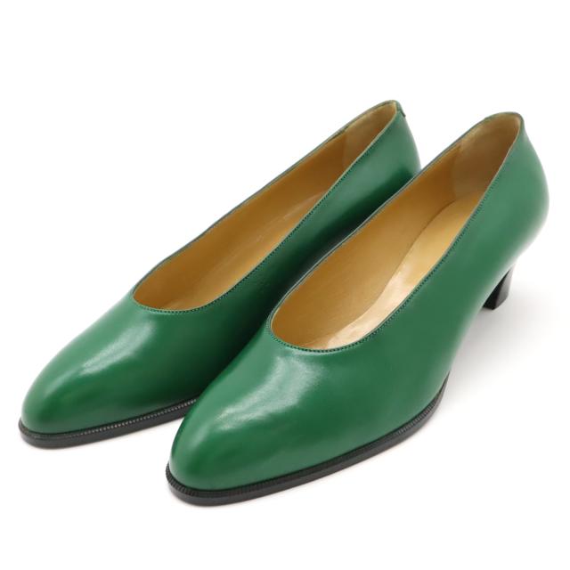 HERMES エルメス パンプス ローヒール Hロゴ パンチング レザー グリーン 緑 #36 1/2 日本サイズ約23.5cm