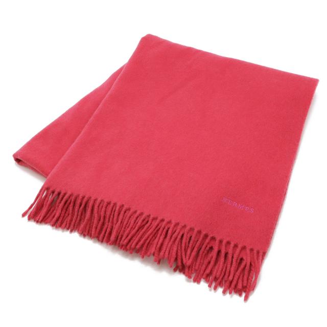 HERMES エルメス 大判ストール マフラー フリンジ ロゴ刺繍 カシミヤ100% ピンク