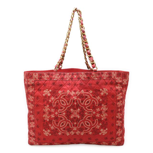 CHANEL シャネル ココマーク トートバッグ チェーンショルダー コットン レッド 赤 ホワイト 白 ゴールド金具