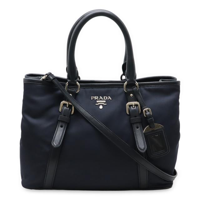 PRADA プラダ ハンドバッグ トートバッグ 2WAY ショルダーバッグ ナイロン レザー BLEU 紺 ネイビー 国内アウトレット購入品 シルバー金具 BN2832