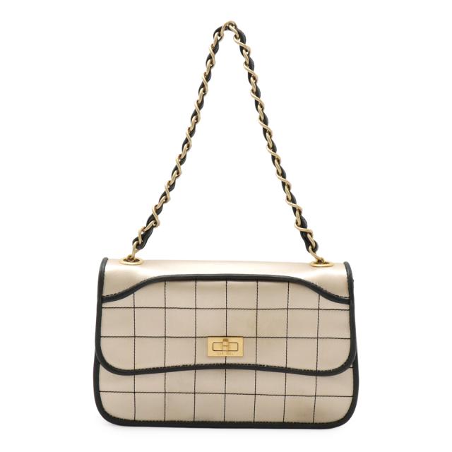 CHANEL シャネル 2.55 マトラッセ チェーンバッグ ショルダーバッグ 肩掛け サテン レザー シャンパンゴールド 金 ブラック 黒 ゴールド金具