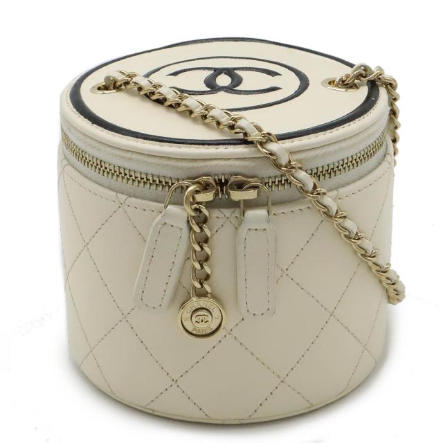 CHANEL シャネル スモール バニティバッグ チェーンショルダー ココマーク カーフスキン アイボリー ブラック ゴールド金具 AP2193