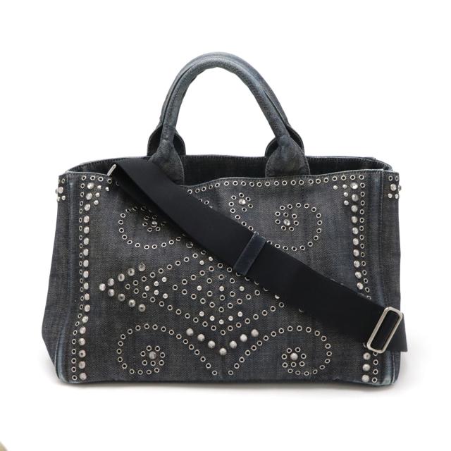 PRADA プラダ CANAPA カナパ トートバッグ 2WAY ショルダーバッグ デニム ビジュー スタッズ BLEU インディゴ 国内ブティック購入品 BN2642