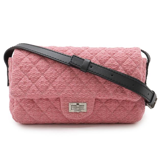 CHANEL シャネル 2.55 マトラッセ ショルダーバッグ 斜め掛け キルティング ツイード ピンク シルバー金具 A47691
