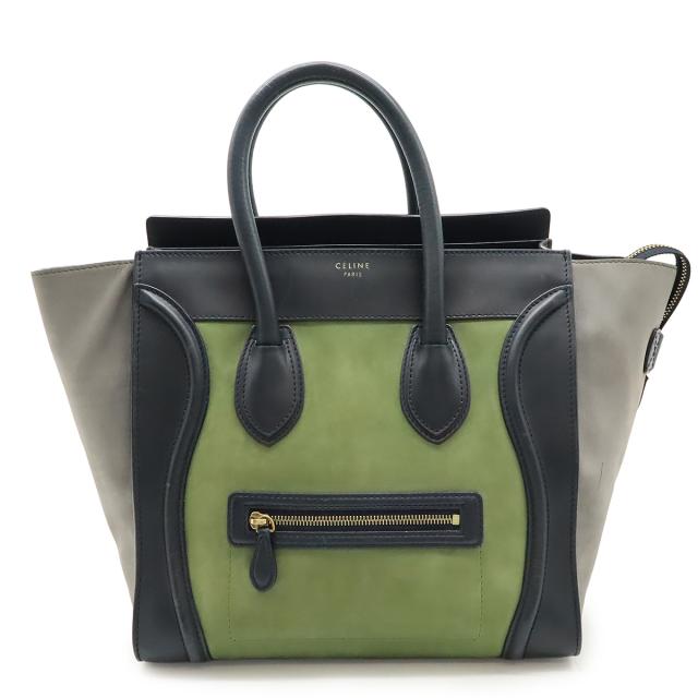 CELINE セリーヌ ラゲージ ミニショッパー トートバッグ ハンドバッグ レザー スエード ブラック 黒 グリーン 緑 グレー ゴールド金具 165213