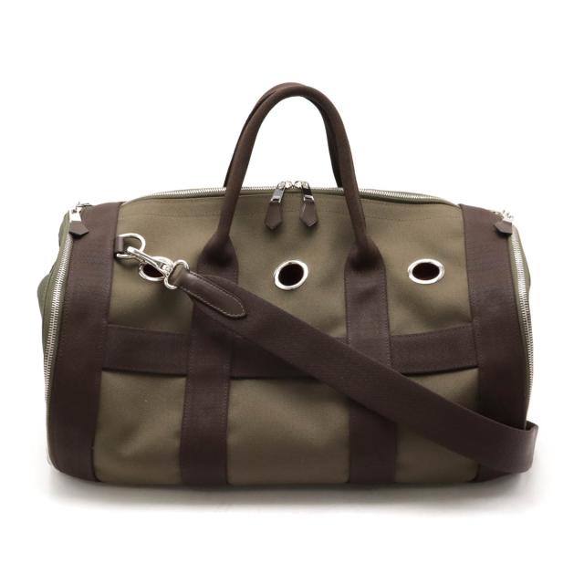HERMES エルメス ドッグ キャリーバッグ 犬 猫 ペット ボストンバッグ 2WAY ショルダーバッグ キャンバス レザー カーキ ダークブラウン Z刻印