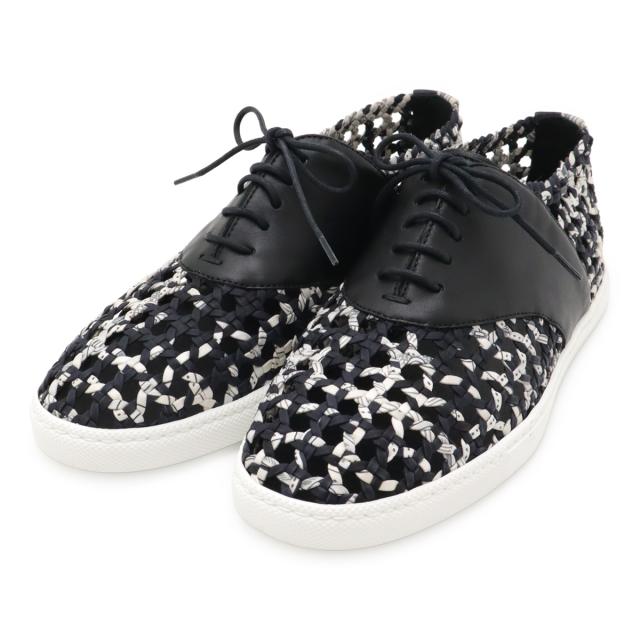 HERMES エルメス シルク メッシュ レースアップシューズ 編み込み スニーカー 靴 ローカット ブラック 黒 ネイビー 紺 #36 日本サイズ約23cm-23.5cm