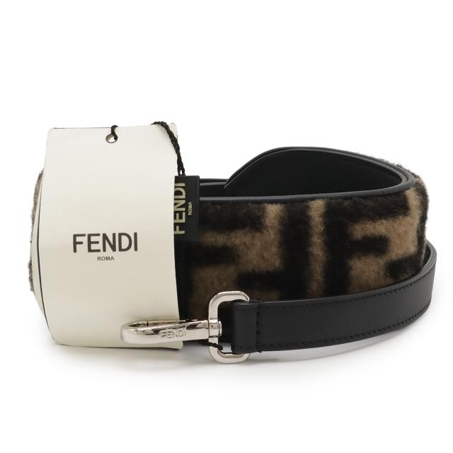 FENDI フェンディ ズッカ柄 ロゴ ショルダーストラップ バッグ用アクセサリー ファー レザー ベージュ ブラック 黒 シルバー金具 8AV122