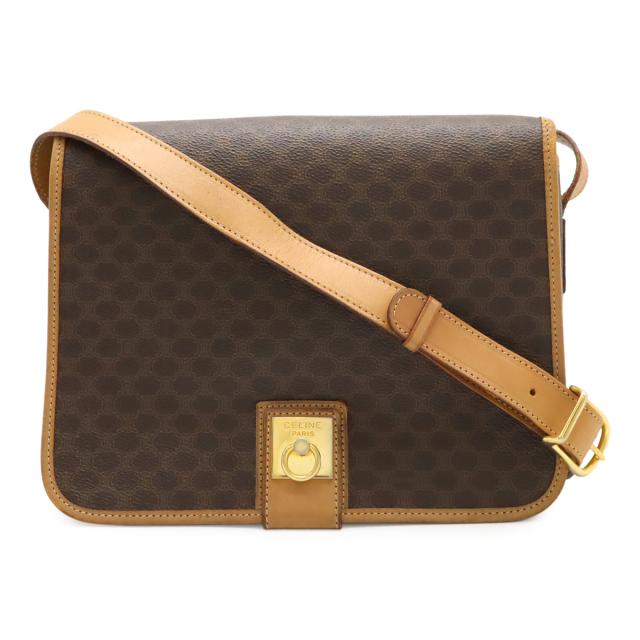 CELINE セリーヌ マカダム柄 ショルダーバッグ 斜め掛け ポシェット フラップ PVC レザー ダークブラウン ベージュ ゴールド金具