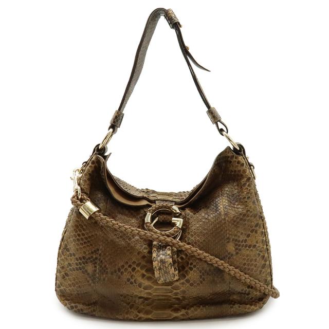GUCCI グッチ Gウェーブ ホーボー ロゴ パイソン 蛇柄 ショルダーバッグ 3WAY トートバッグ レザー ブラウン 茶 シルバー金具 232931
