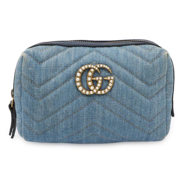 GUCCI グッチ GGマーモント コスメティックケース 化粧ポーチ マルチポーチ 小物入れ キルティング デニム フェイクパール レザー ブルー 青 476165