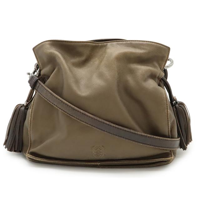 LOEWE ロエベ フラメンコ22 ショルダーバッグ ポシェット 斜め掛け 2WAY 巾着型 フリンジ タッセル ナッパレザー メタリック カーキブロンズ系