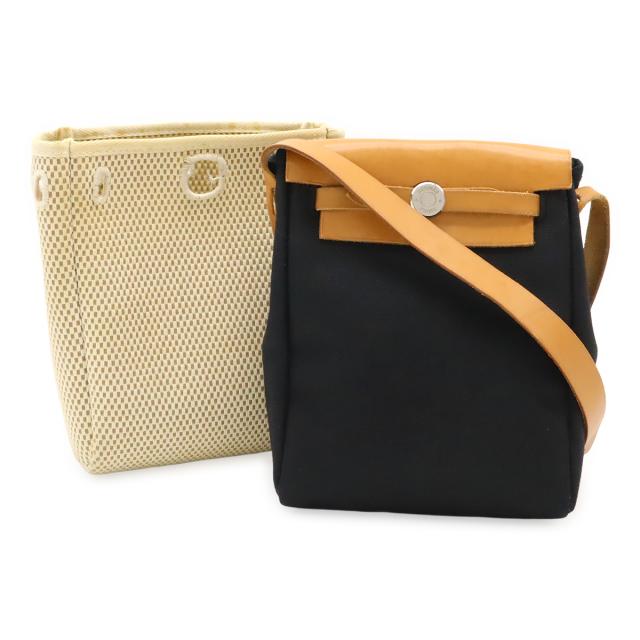 HERMES エルメス エールバッグTPM ショルダーバッグ ポシェット トワルオフィシエ レザー ブラック 黒 ナチュラル □H刻印