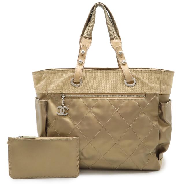 CHANEL シャネル パリビアリッツ トートGM トートバッグ ショルダーバッグ コーティングキャンバス ブロンズゴールド ポーチ付き A34210