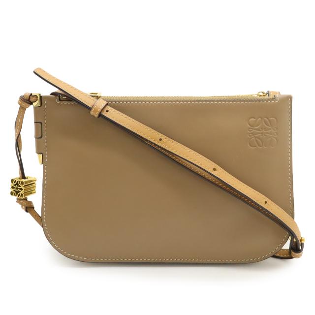 LOEWE ロエベ アナグラム ゲート ダブルジップ ポーチ ポシェット ショルダーバッグ レザー グレージュ ライトオーツ ゴールド金具 113.54.Z43