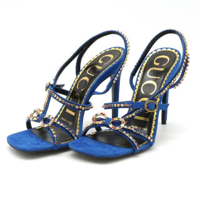 GUCCI グッチ サンダル ピンヒール リボン ハートソール スエード ラインストーン ブルー 青 #34 日本サイズ約21cm