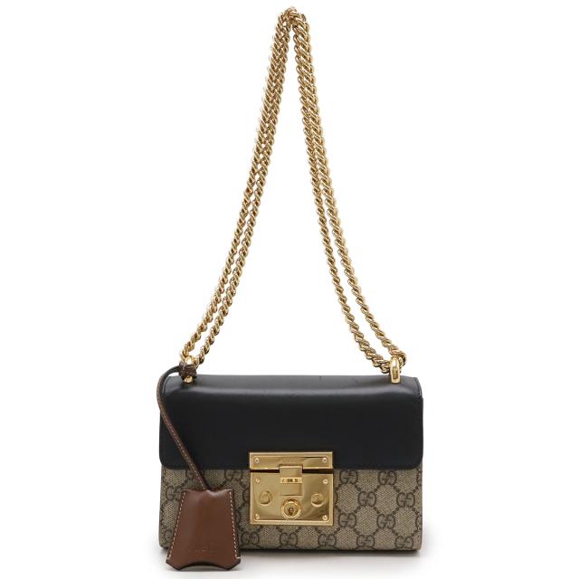 GUCCI グッチ GGスプリーム パドロック スモール ショルダーバッグ チェーンショルダー レザー PVC ブラック 黒 ベージュ ゴールド金具 409487