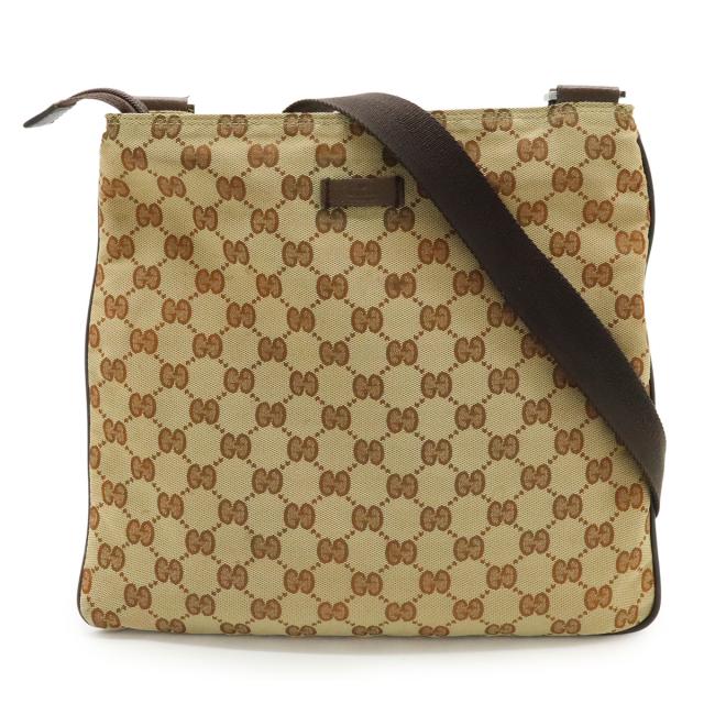 GUCCI グッチ GGナイロン ショルダーバッグ 斜め掛け ナイロンキャンバス レザー ベージュ ダークブラウン 茶 シルバー金具 132907
