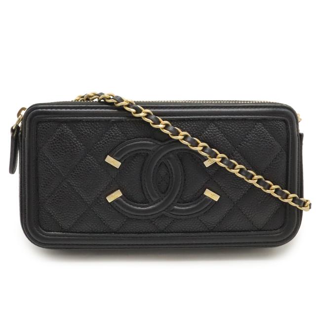 CHANEL シャネル CCフィリグリー チェーンウォレット ショルダーバッグ ポシェット 2WAY クラッチ キャビアスキン ブラック 黒 ゴールド金具 A84450