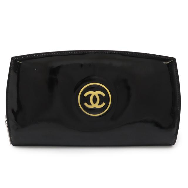 CHANEL シャネル メイクアップ ココマーク ラウンドファスナー 長財布 エナメル パテントレザー ブラック 黒 シルバー金具 A47662