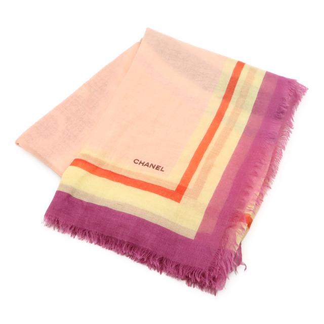 CHANEL シャネル ロゴ ココマーク ストール ショール 大判 フリンジ カシミヤ80% シルク20% ピンク マルチカラー