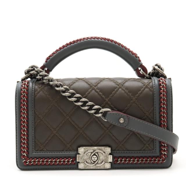 CHANEL シャネル ボーイシャネル トップハンドル フラップ バッグ ラグジュアリー チェーンショルダーバッグ 2WAY レザー ダークカーキ系 A94804