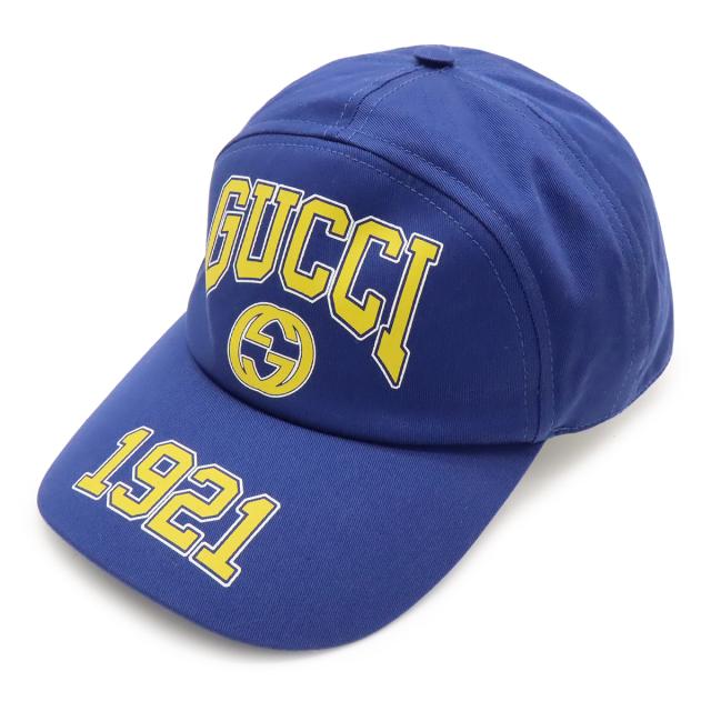 GUCCI グッチ カレッジ インターロッキングG ベースボールキャップ 帽子 コットン ブルー 青 イエロー 黄色 Mサイズ 773135