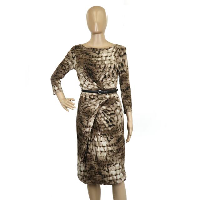 Max Mara マックス マーラ ワンピース 七分袖 ベルト付 総柄 ストレッチ レーヨン グレージュ系マルチカラー #38 クリーニング済