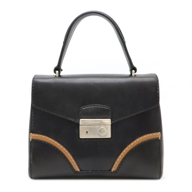 PRADA プラダ ステッチリム ハンドバッグ フラップバッグ レザー NERO 黒 ブラック キャメル シルバー金具 鍵欠品 BR5138