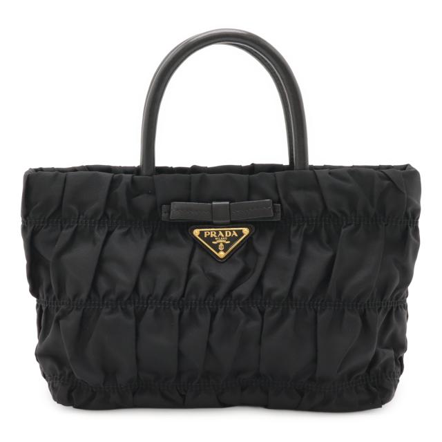 PRADA プラダ ハンドバッグ リボン ギャザー ナイロン レザー NERO ブラック 黒 ゴールド金具 BN1675