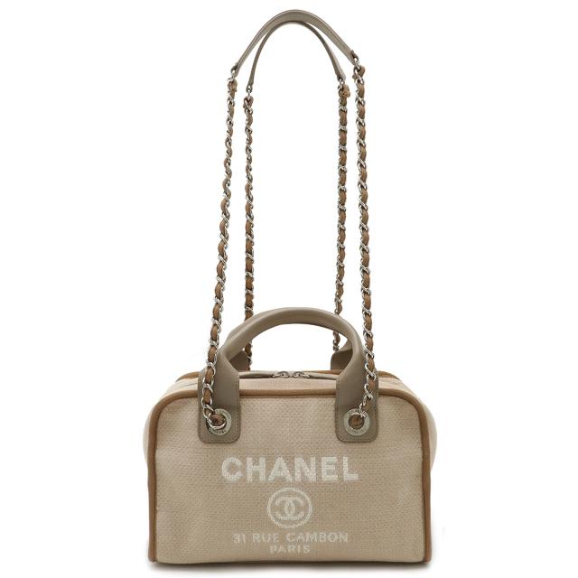 CHANEL シャネル ドーヴィルライン ロゴ ボーリングバッグ 2WAY ハンドバッグ チェーンショルダー ベージュ ブラウン シルバー金具 A92750