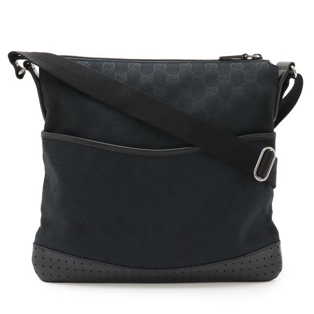 GUCCI グッチ GGキャンバス ショルダーバッグ メッセンジャーバッグ 斜め掛け パンチング レザー ブラック 黒 シルバー金具 145857