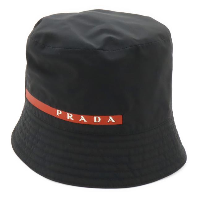 PRADA プラダ プラダスポーツ バケットハット 帽子 ラバーロゴ ポリエステル100% ブラック 黒 レッド 赤 #L Lサイズ 2HC137