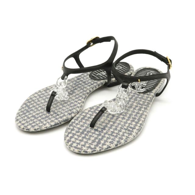 CHANEL シャネル ココマーク プラチェーン サンダル ツイード レザー ラバー ブラック 黒 クリア #35 日本サイズ22cm G27040