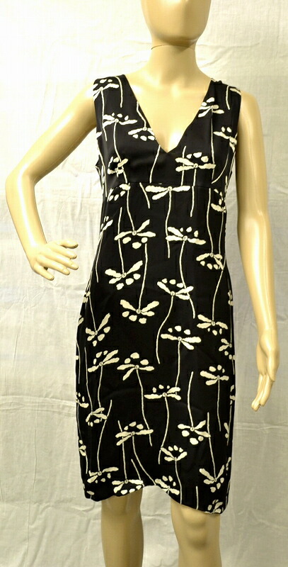 CHANEL シャネル レディース ワンピース ノースリーブ 膝丈 トンボ柄 ココマーク シルク100% 黒 ブラック #40 P10403V06401