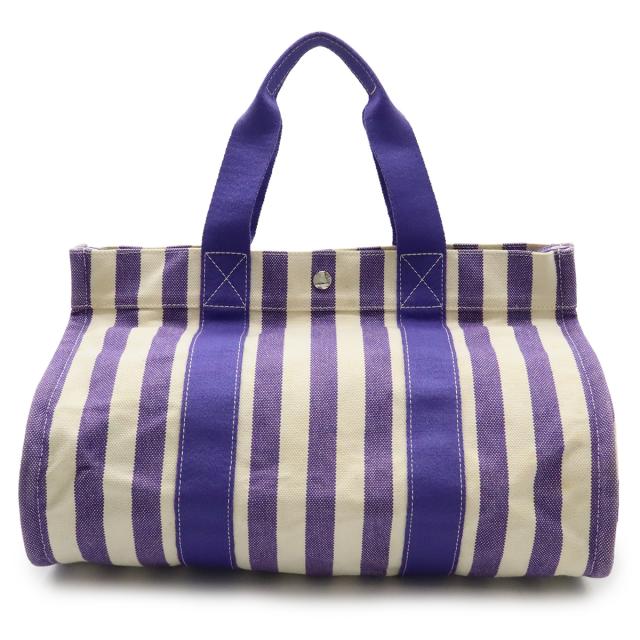 HERMES エルメス カンヌMM トートバッグ ハンドバッグ ストライプ キャンバス パープル 紫 アイボリー ポーチ付き