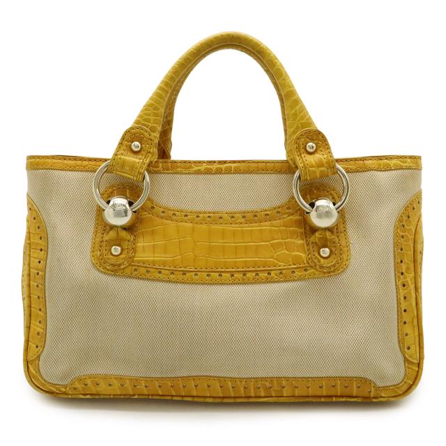 CELINE セリーヌ マカダム ブギーバッグ ハンドバッグ クロコ調 レザー キャンバス イエロー 黄色 ナチュラル シルバー金具